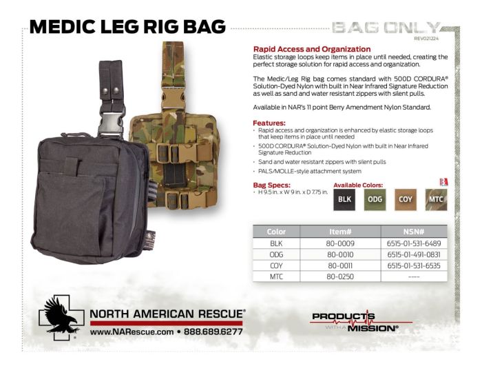 Medic Leg Rig BAG ONLY Product Info Sheet | North American Rescue