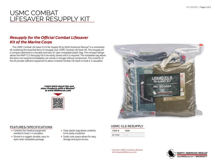 USMC Combat Lifesaver CLS Resupply Kit - Product Information Sheet ...