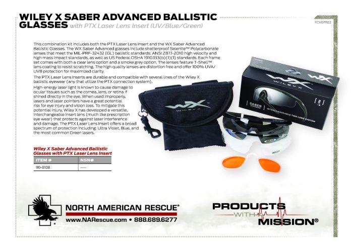 Wiley X Saber Advanced Ballistic Glasses with PTX Laser Lens Insert ...