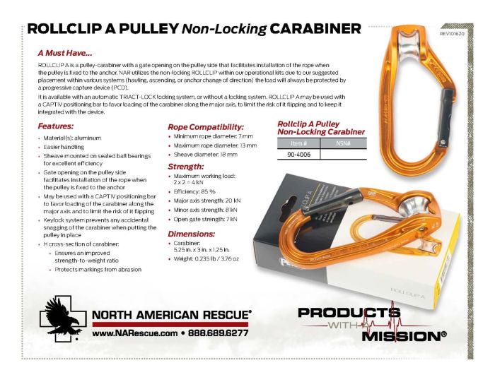 Rollclip APulley Carabiner Non-Locking PIS | North American Rescue